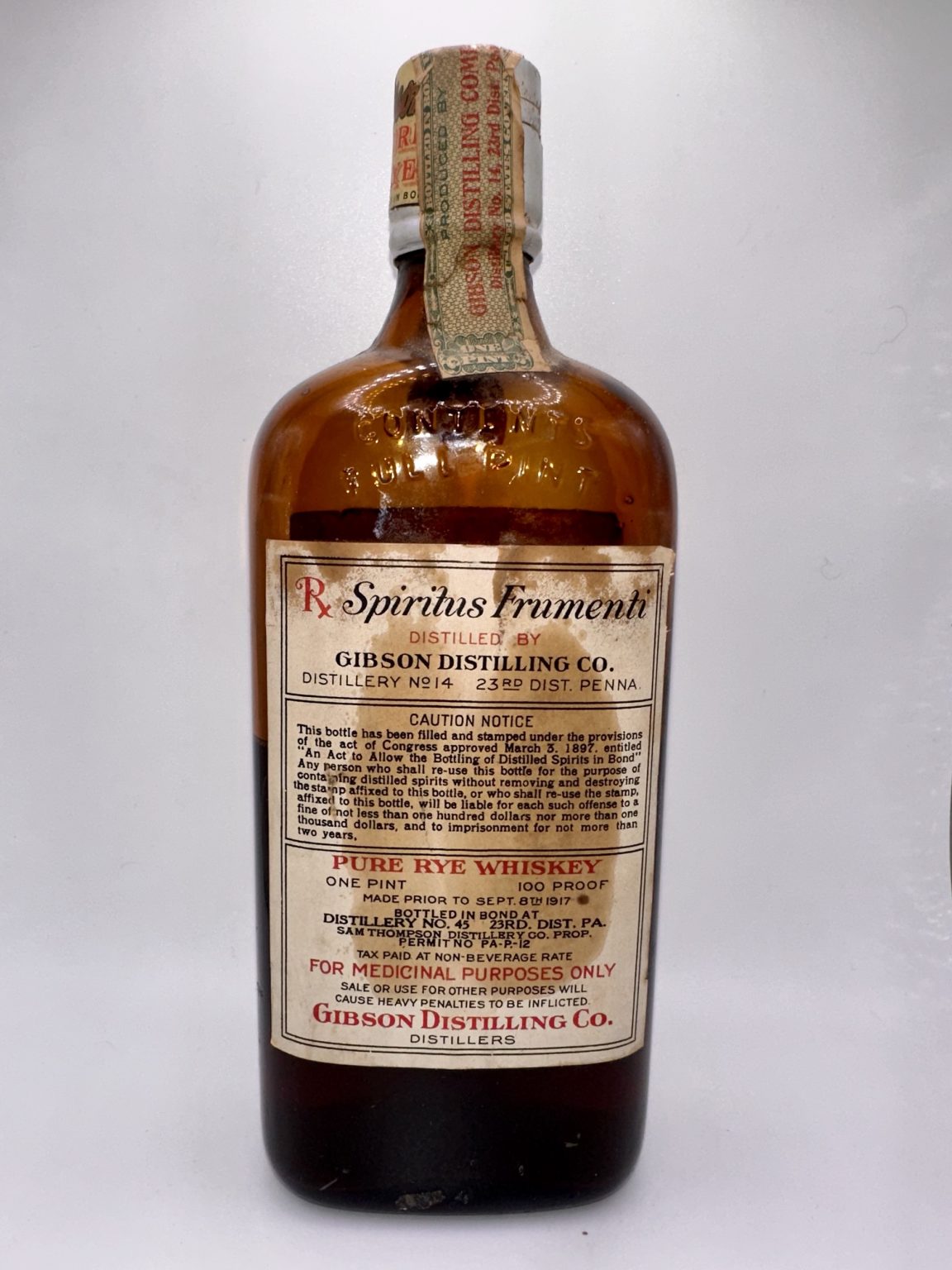 Gibson's Pure Rye Whiskey Pint - Distilled Spring 1915 / Bottled Fall ...